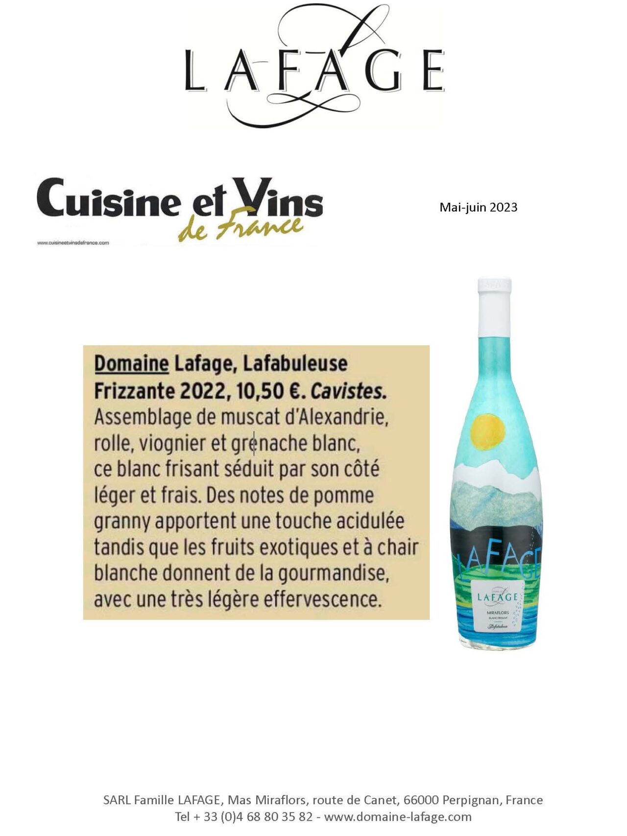 Mai-juin 2023 : Miraflors Blanc Lafabuleuse - Famille Lafage