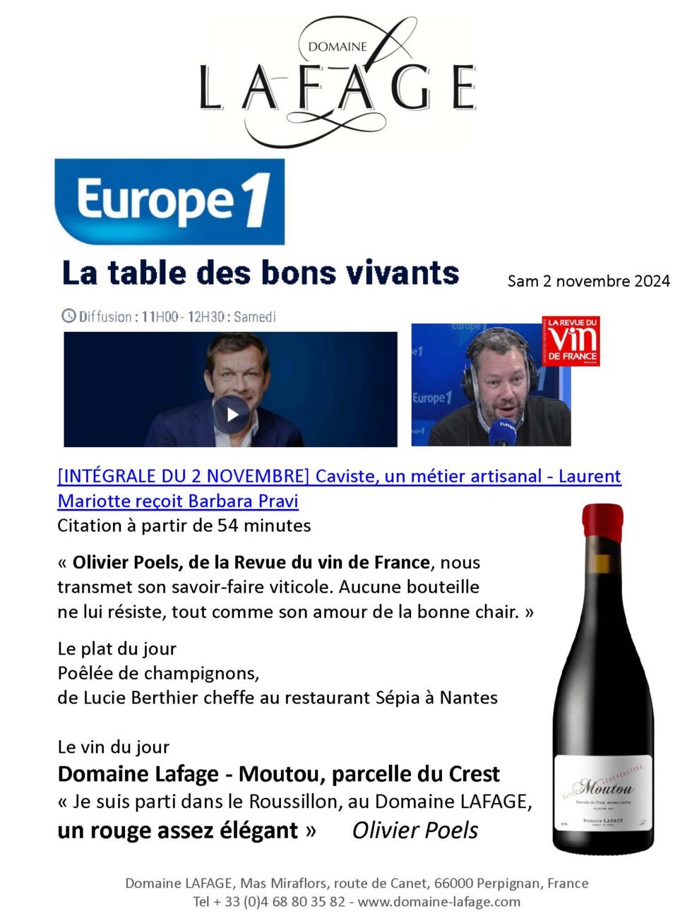 Novembre 2024 : Moutou, le vin du jour - Famille Lafage